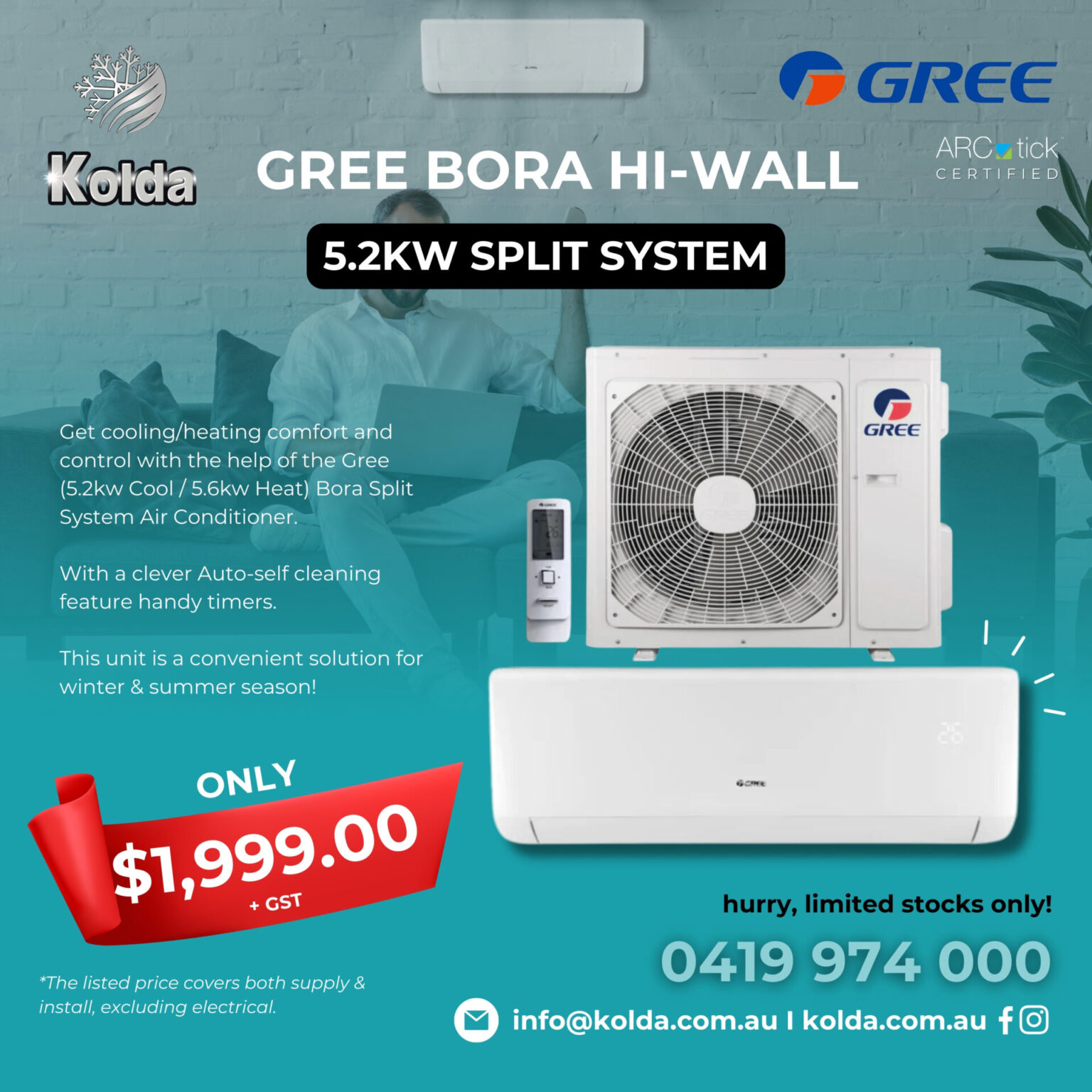 GREE 5.2kw Split System - Supply & Installation Deal - Kolda